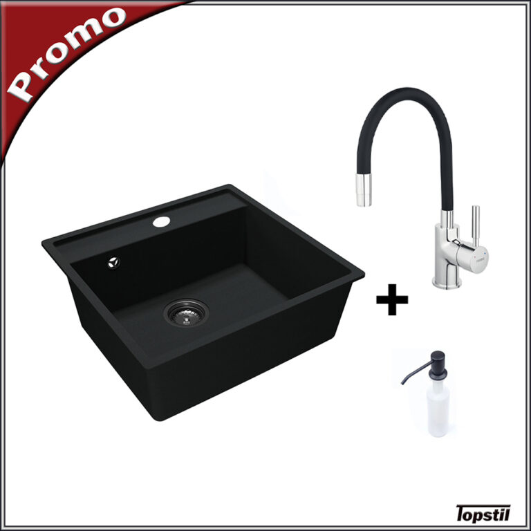 Chiuveta bucatarie neagra compozit la set cu baterie si dozator